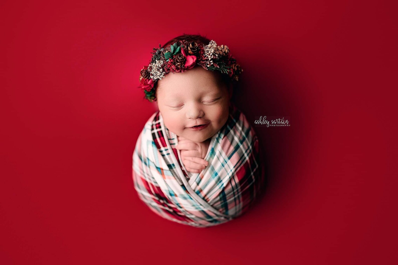 Theodora Red Green Pine Evergreen Christmas Newborn Tieback Flower ...