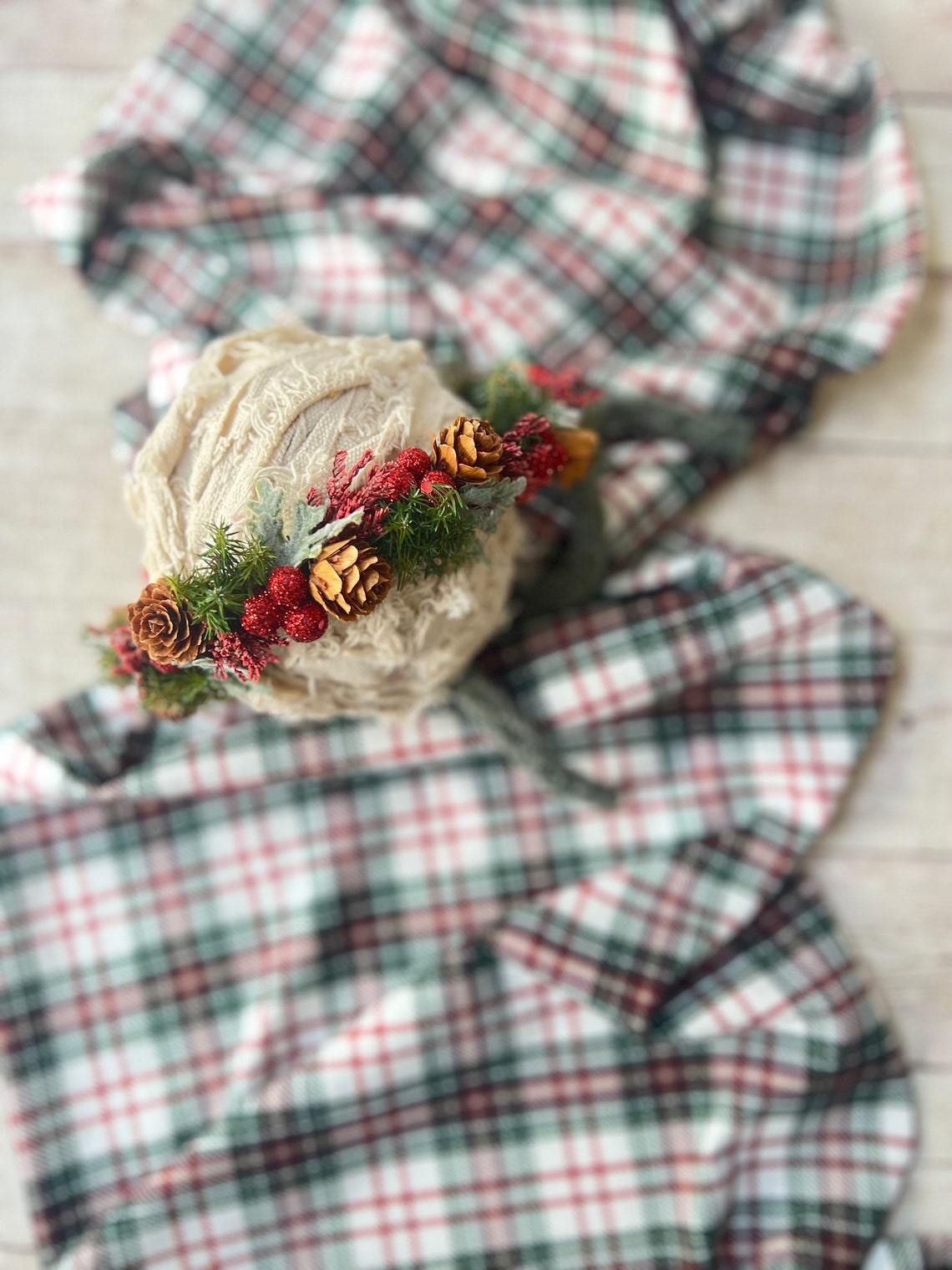 Theodora Red Green Pine Evergreen Christmas Newborn Tieback Flower ...