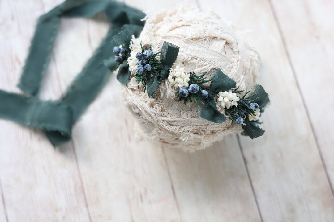 Lyra Pine Juniper Cream Ivory Berries Newborn Flower Crown Tieback Bow ...