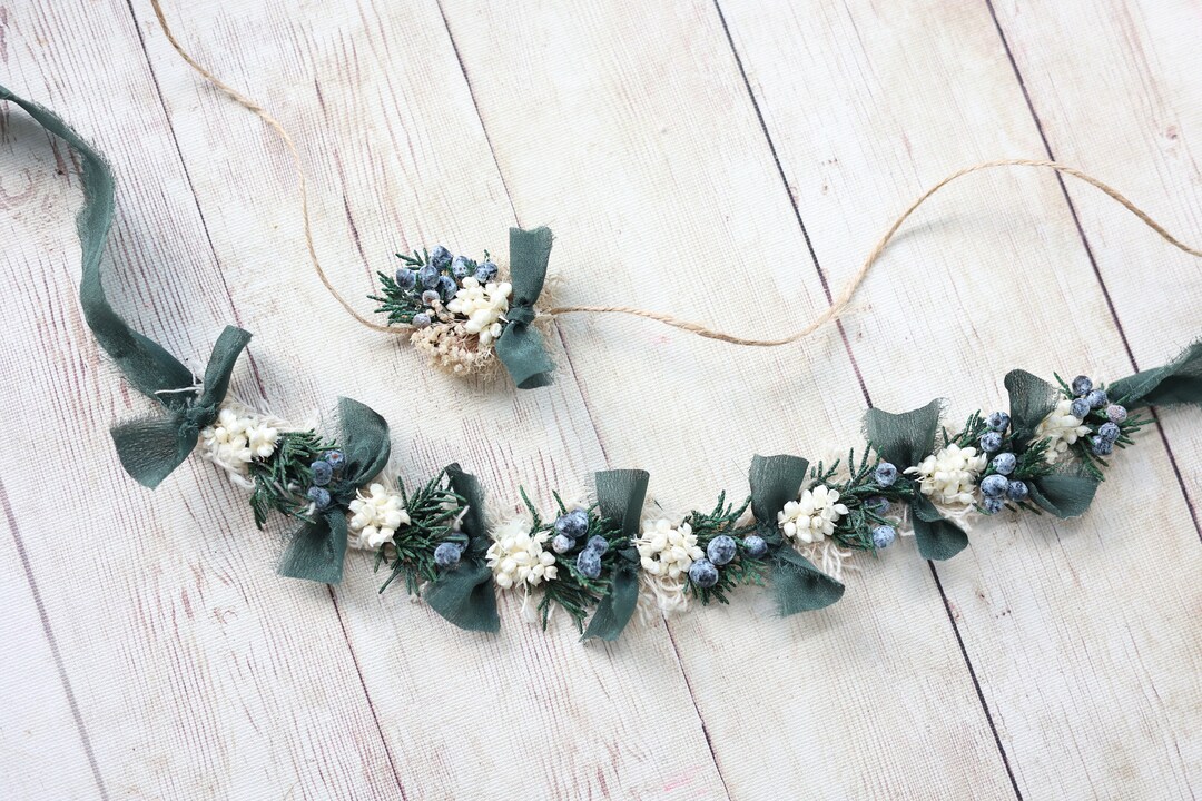 Lyra Pine Juniper Cream Ivory Berries Newborn Flower Crown Tieback Bow ...