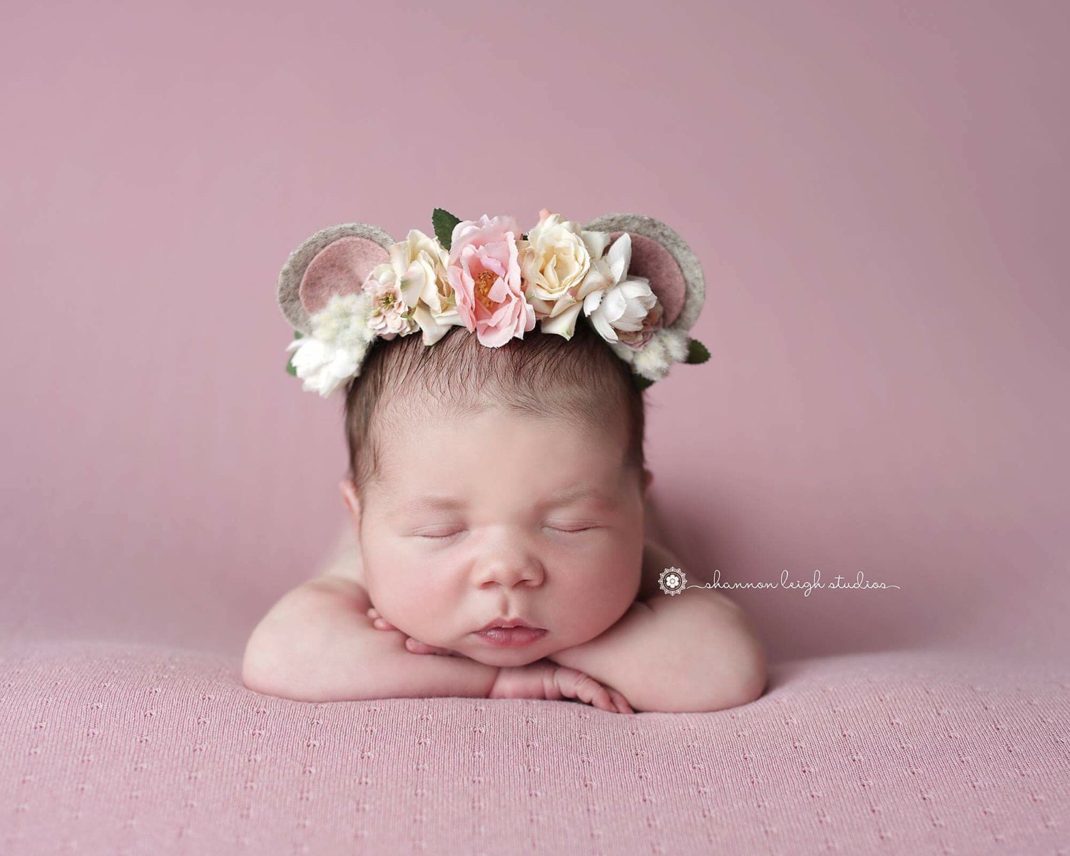 Teddy Blush and Ivory Silk Flower Bear Ears Halo Newborn Prop Headband ...