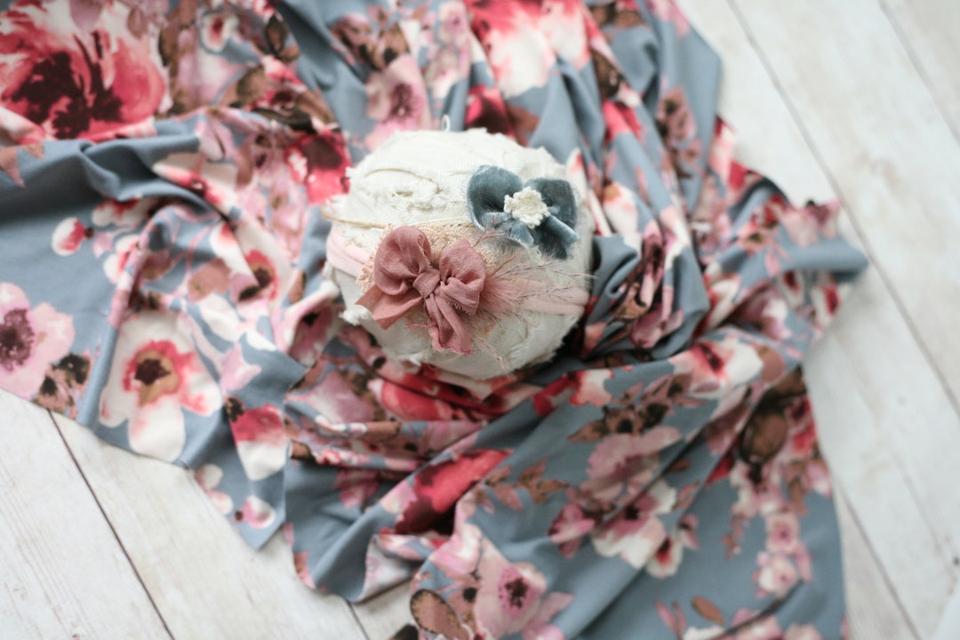Angelica Fabric Dusty Baby Blue Burgundy Mauve Floral Newborn Stretch ...