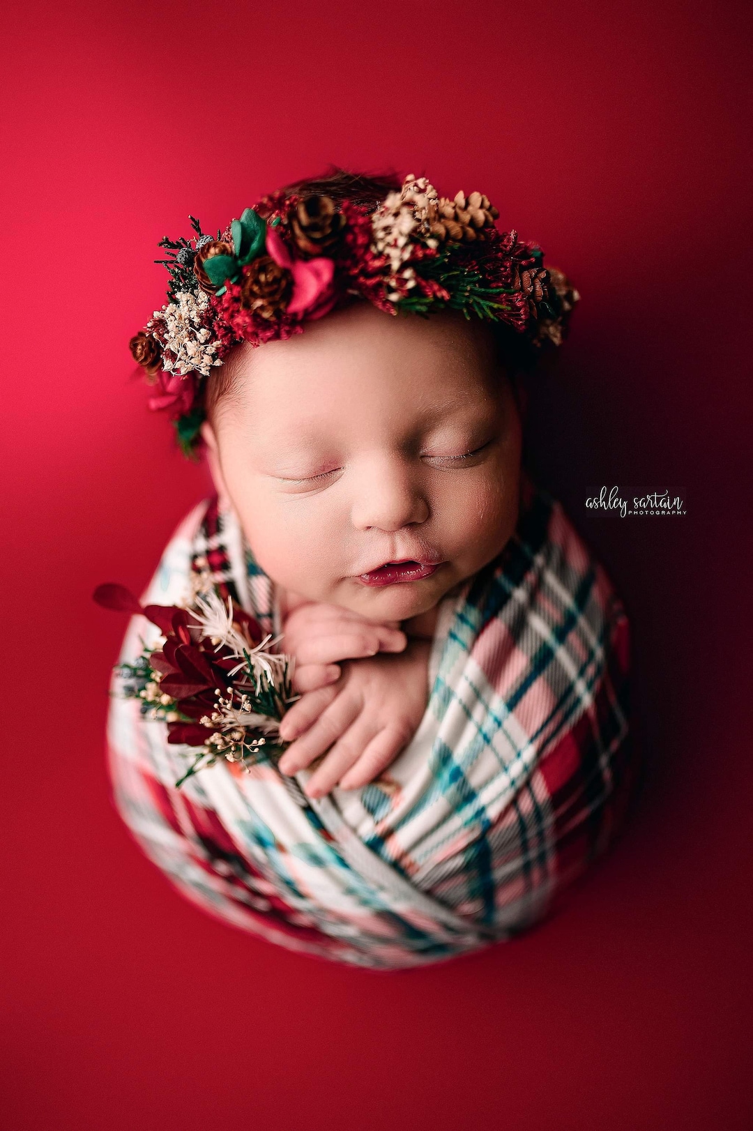 Theodora Red Green Pine Evergreen Christmas Newborn Tieback Flower ...