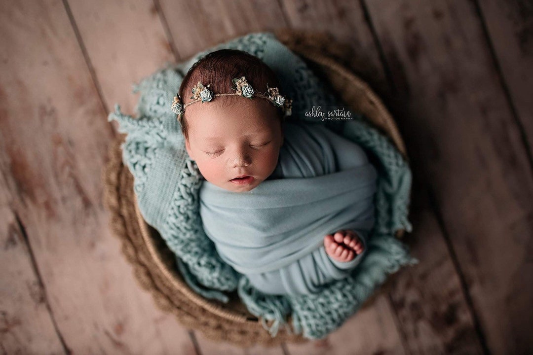 Abby SET Teal Aqua Rose Leaf Twine Dainty Newborn Tieback Flower Crown ...