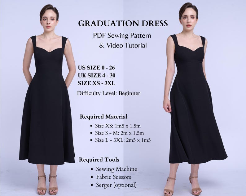 Digital PDF Sewing Patterns for Sweetheart Neck Graduation Dress by ...