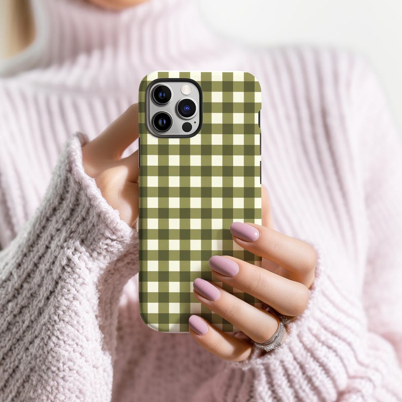 Olive Green Gingham Pattern Phone Case, Stripe Plaid Preppy Phone Case ...