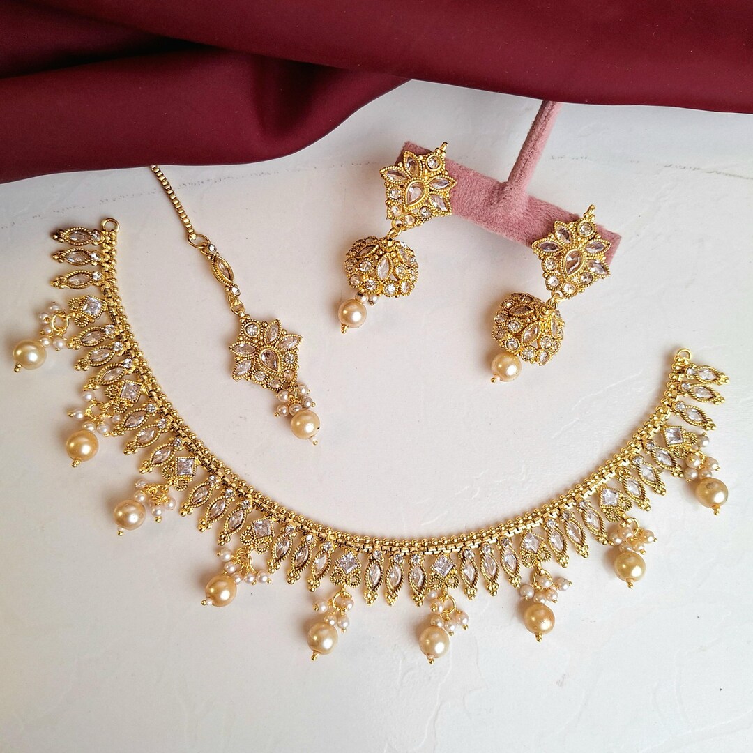 Traditional Dull Gold Bridal Jewelry Set With Bindiya – Ethnic Zirconia ...
