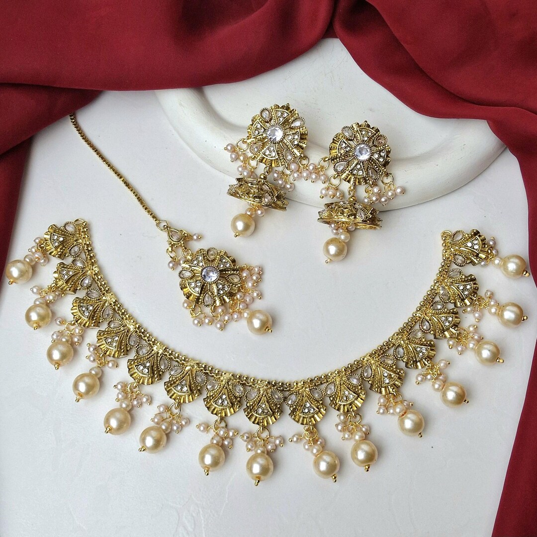Traditional Dull Gold Bridal Jewelry Set With Bindiya – Ethnic Zirconia ...