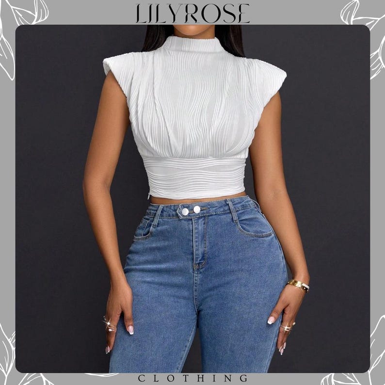 Elegant Pleated Mock Neck Crop Top, Minimalist Stretch Blouse, Classy ...