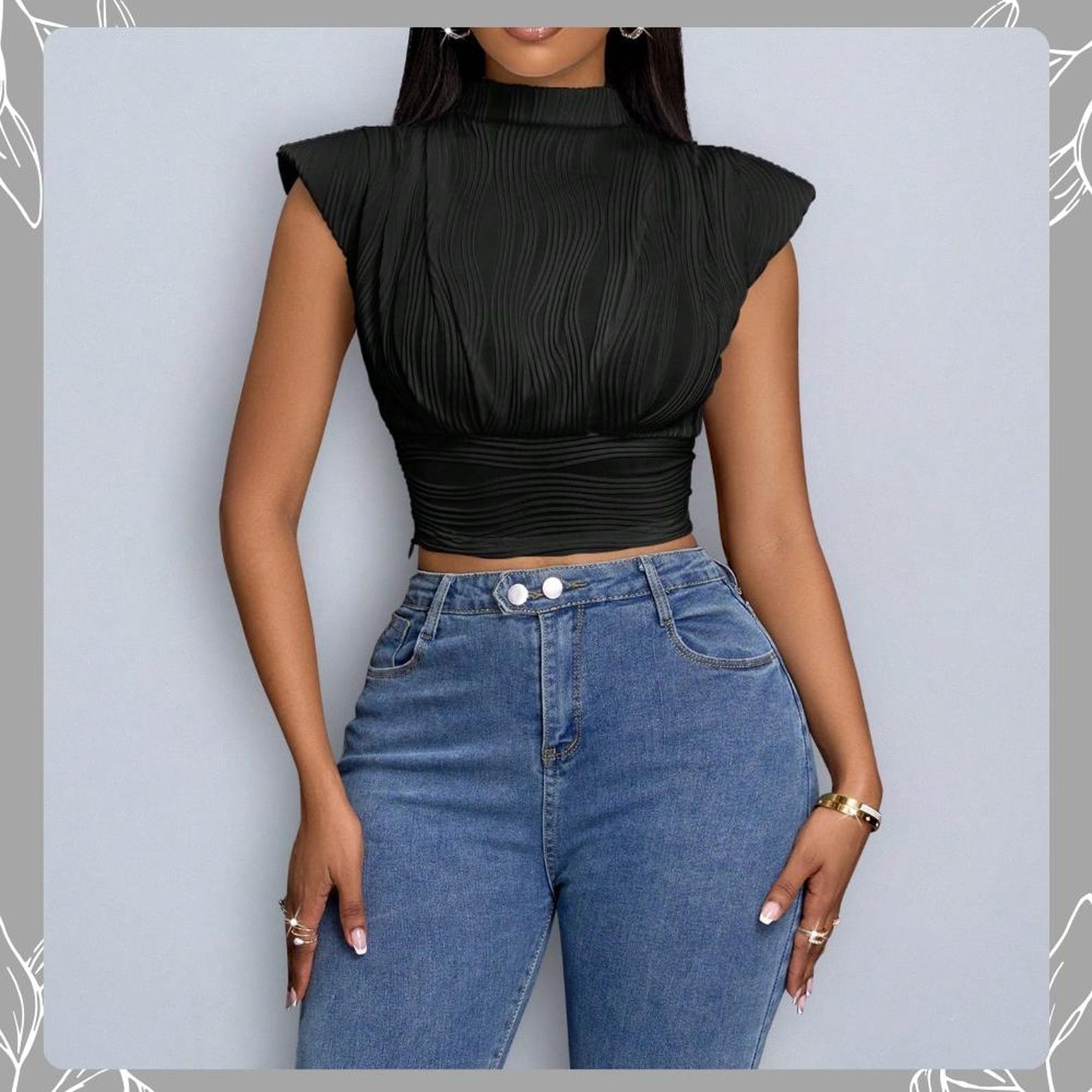 Elegant Pleated Mock Neck Crop Top, Minimalist Stretch Blouse, Classy ...