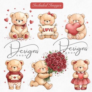 Watercolor Romantic Teddy Bears Clipart, 34 Valentine Love Bear PNG ...