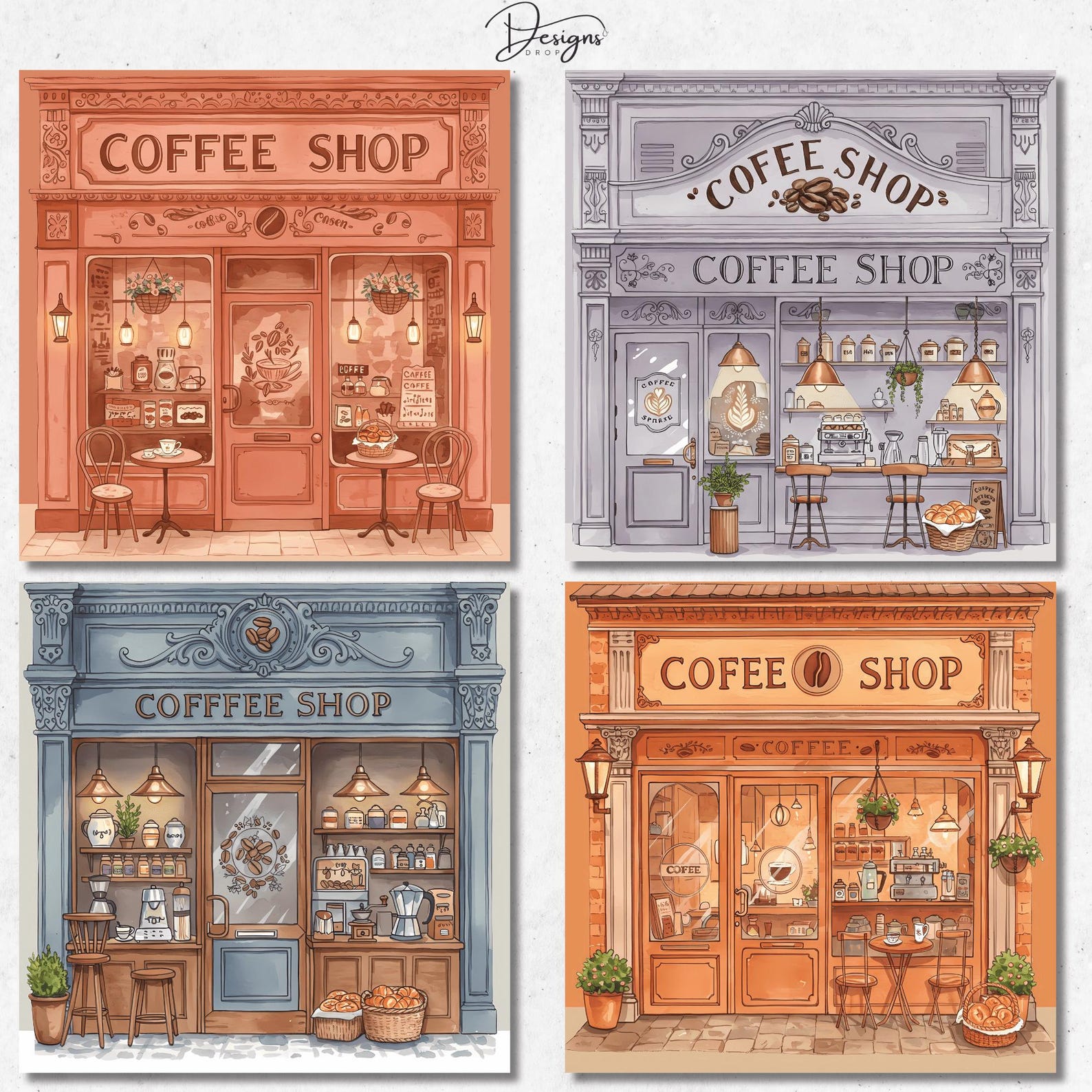 Watercolor Coffee Shop Clipart, Vintage Cafe Storefront, Cafe Graphics ...