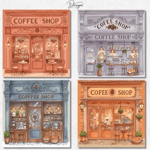 21 Watercolor Coffee Shop Clipart JPG, Vintage Cafe Storefront, Cafe ...