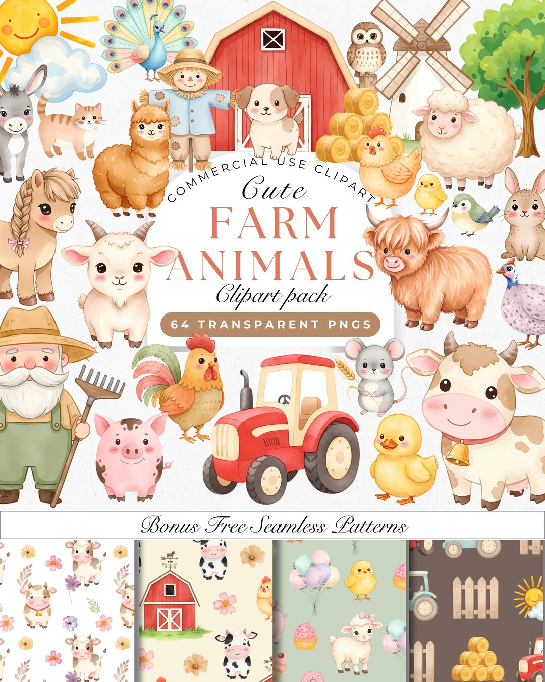Farm Animal Clipart - Watercolor - Cute Farm Png - Cow - Pig - Horse ...