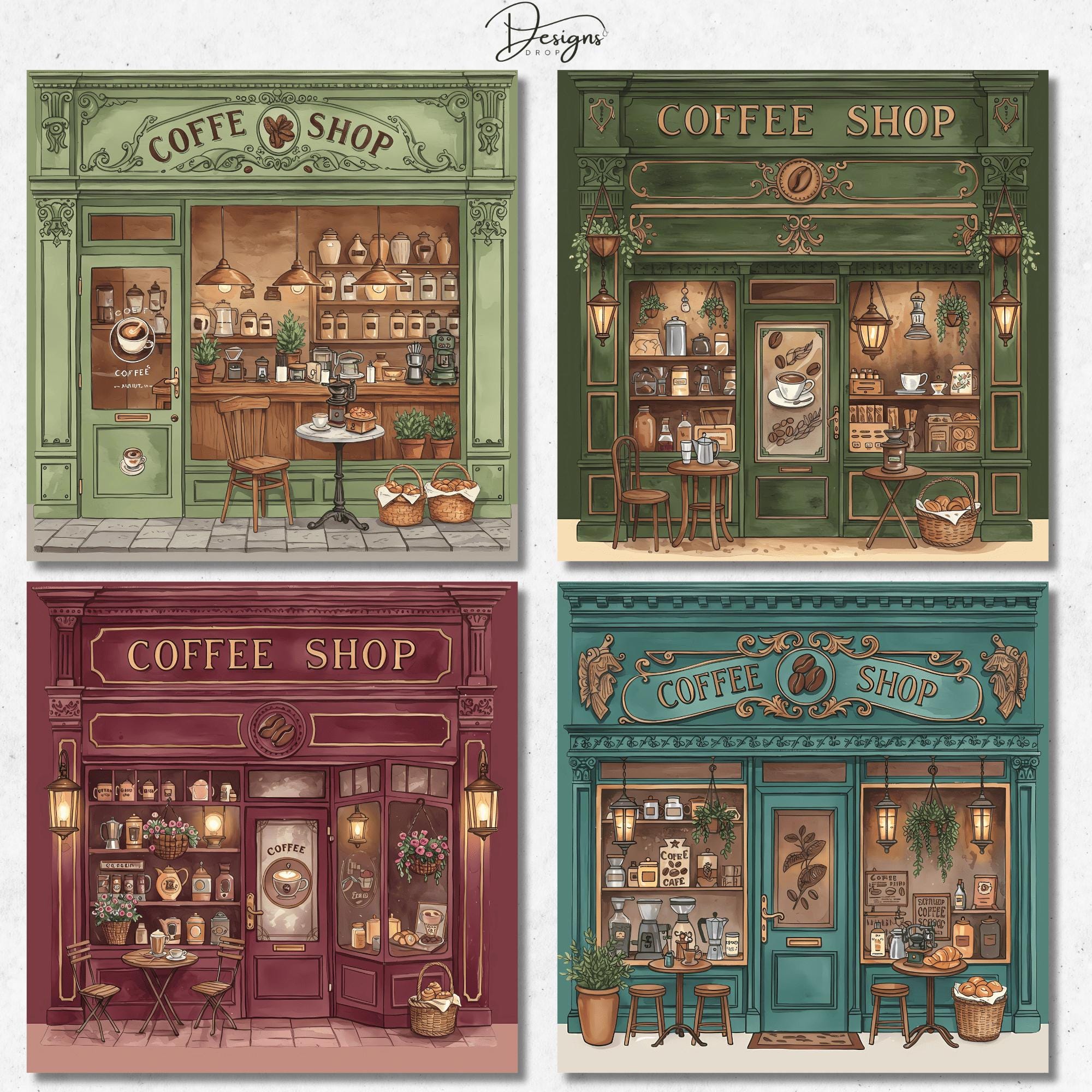 21 Watercolor Coffee Shop Clipart JPG, Vintage Cafe Storefront, Cafe ...