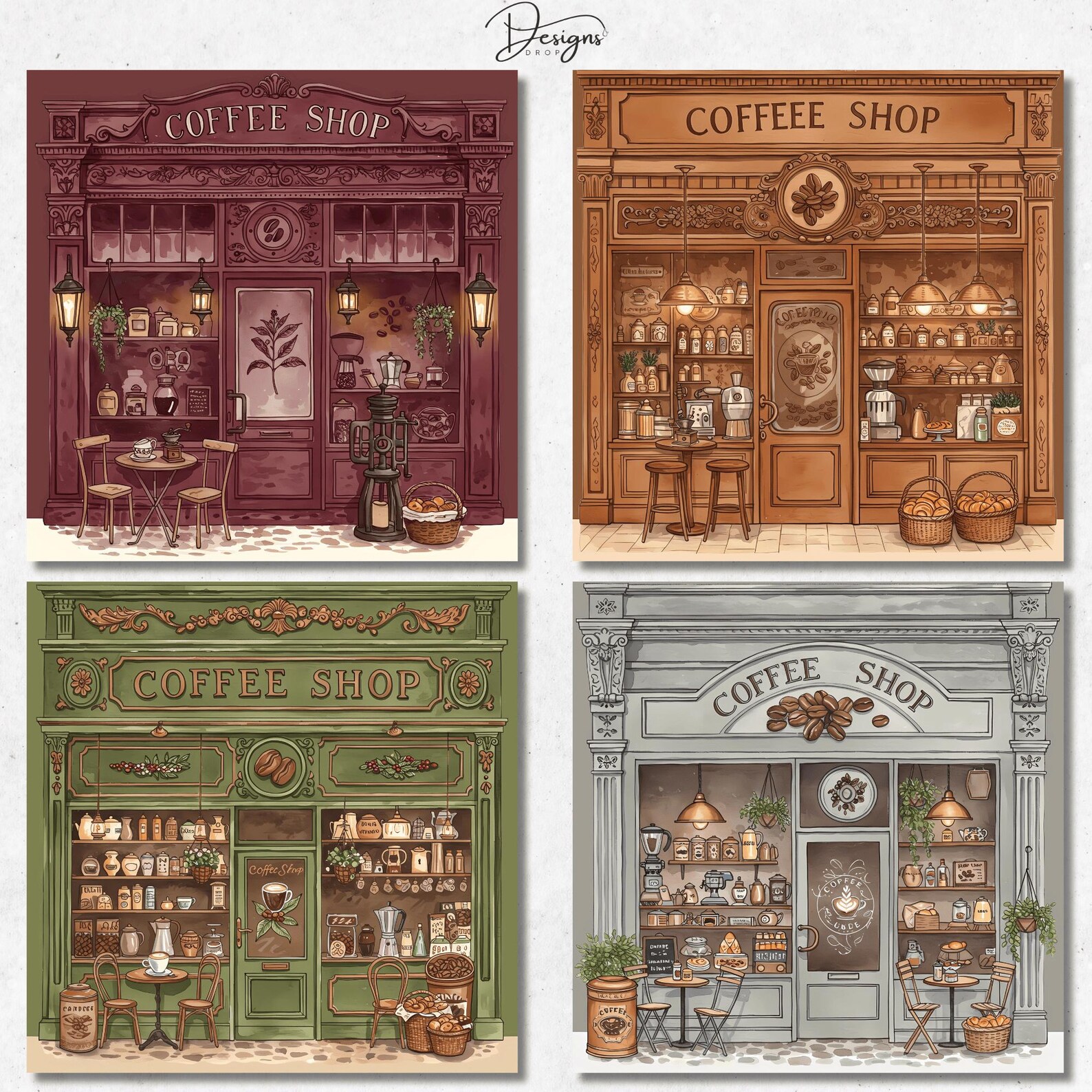 21 Watercolor Coffee Shop Clipart JPG, Vintage Cafe Storefront, Cafe ...