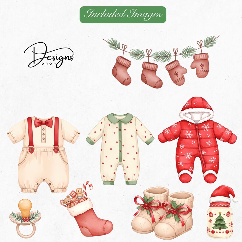 Baby First Christmas Clipart: Watercolor Christmas Baby Clothesline PNG ...