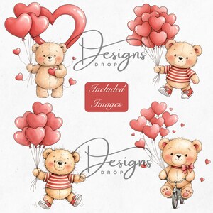 Watercolor Romantic Teddy Bears Clipart, 34 Valentine Love Bear PNG ...