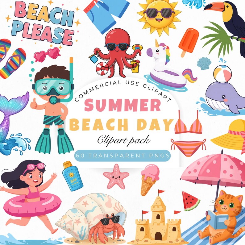Summer Beach Clipart Bundle PNG | Pool Party Clipart | Kid's Beach ...