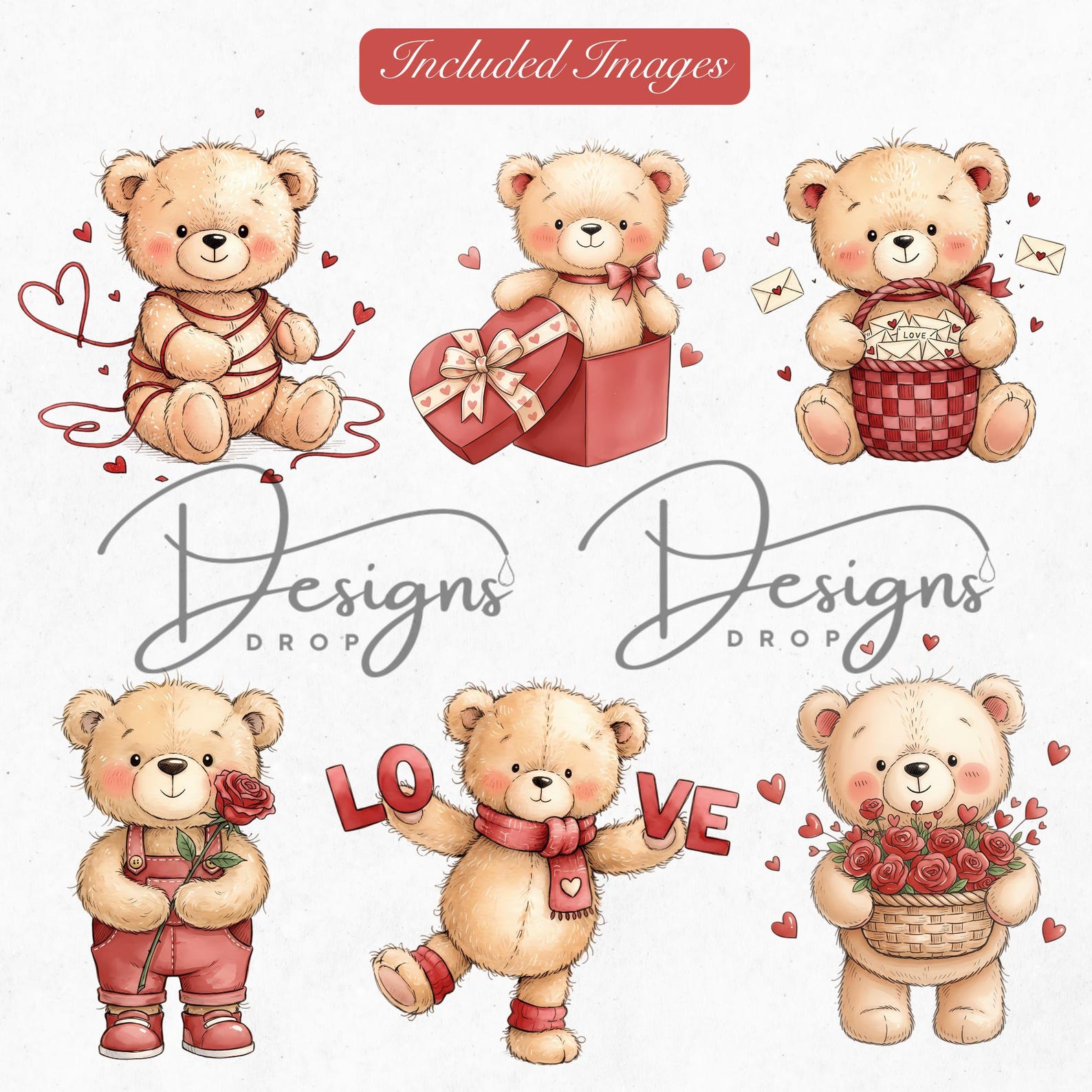 Watercolor Romantic Teddy Bears Clipart, 34 Valentine Love Bear PNG ...