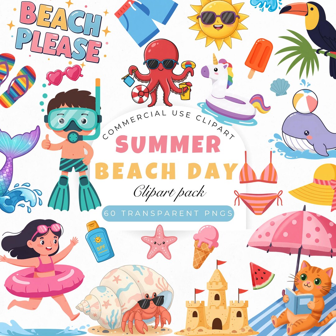 Kids Summer Beach Clipart: Watercolor Sandcastles, Popsicles, Pool ...