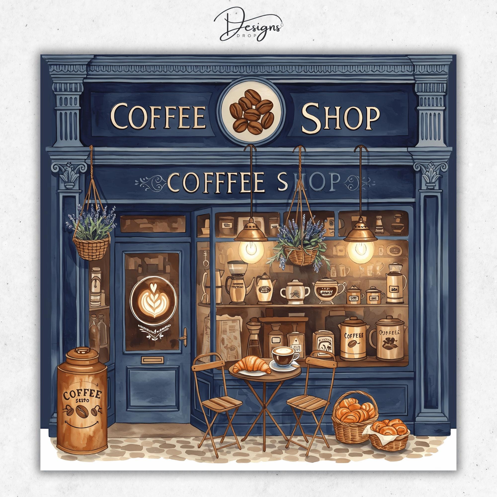 21 Watercolor Coffee Shop Clipart JPG, Vintage Cafe Storefront, Cafe ...