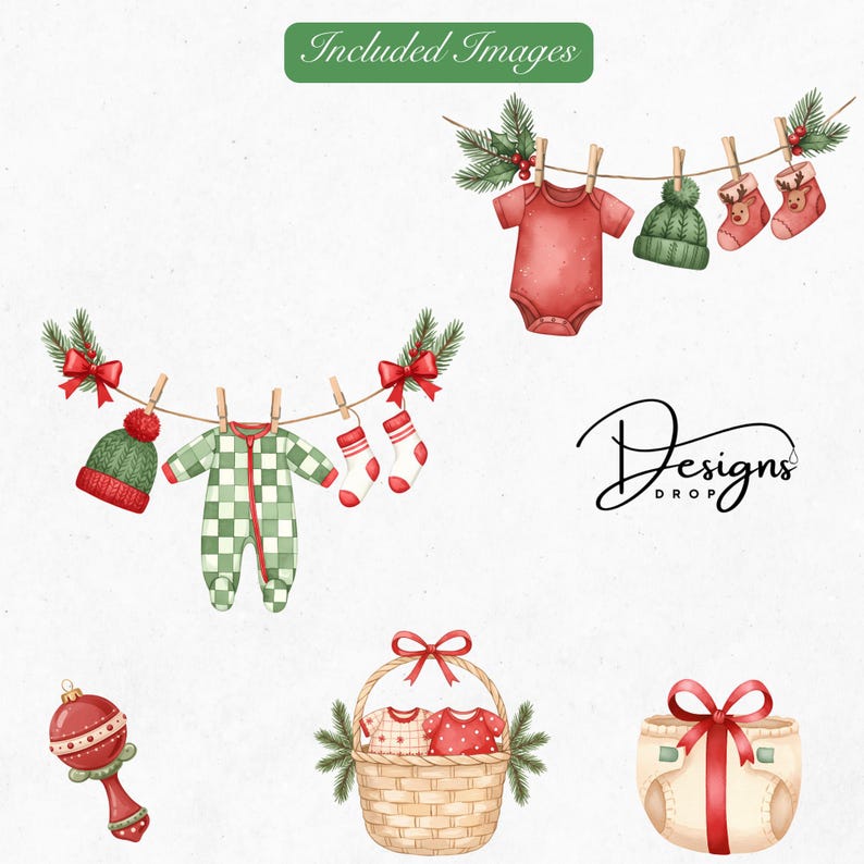 Baby First Christmas Clipart: Watercolor Christmas Baby Clothesline PNG ...