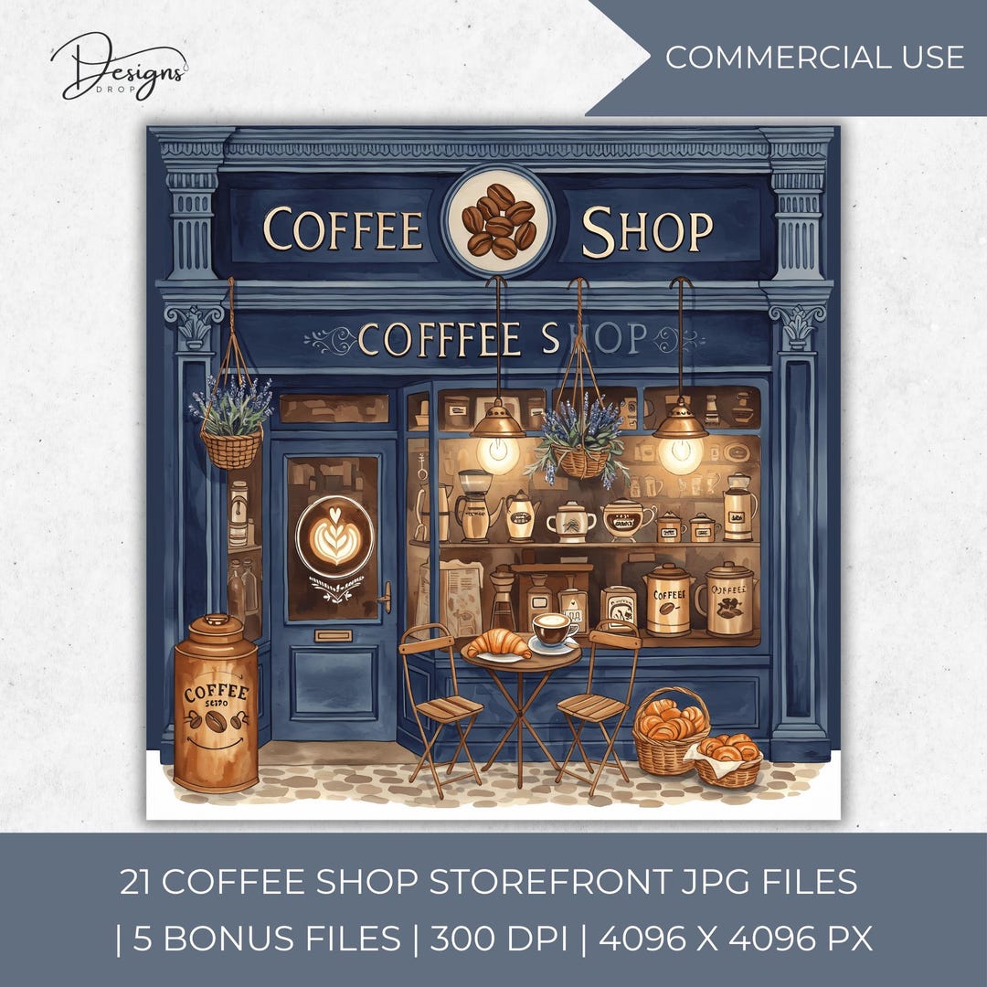 Watercolor Coffee Shop Clipart, Vintage Cafe Storefront, Cafe Graphics ...
