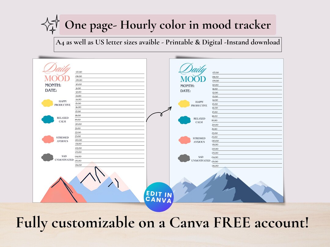 Daily Mood Tracker - Hourly Mood Tracker - Adult Mood Tracker - Mood ...