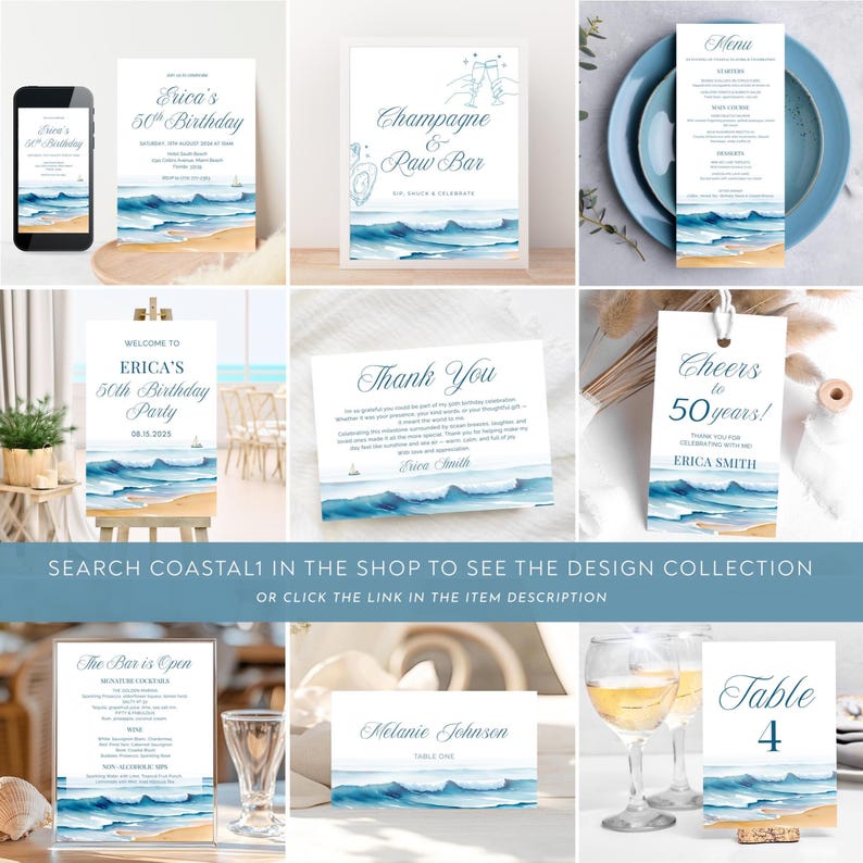 Editable Coastal Table Sign Template: Beach Wedding, Nautical Party ...