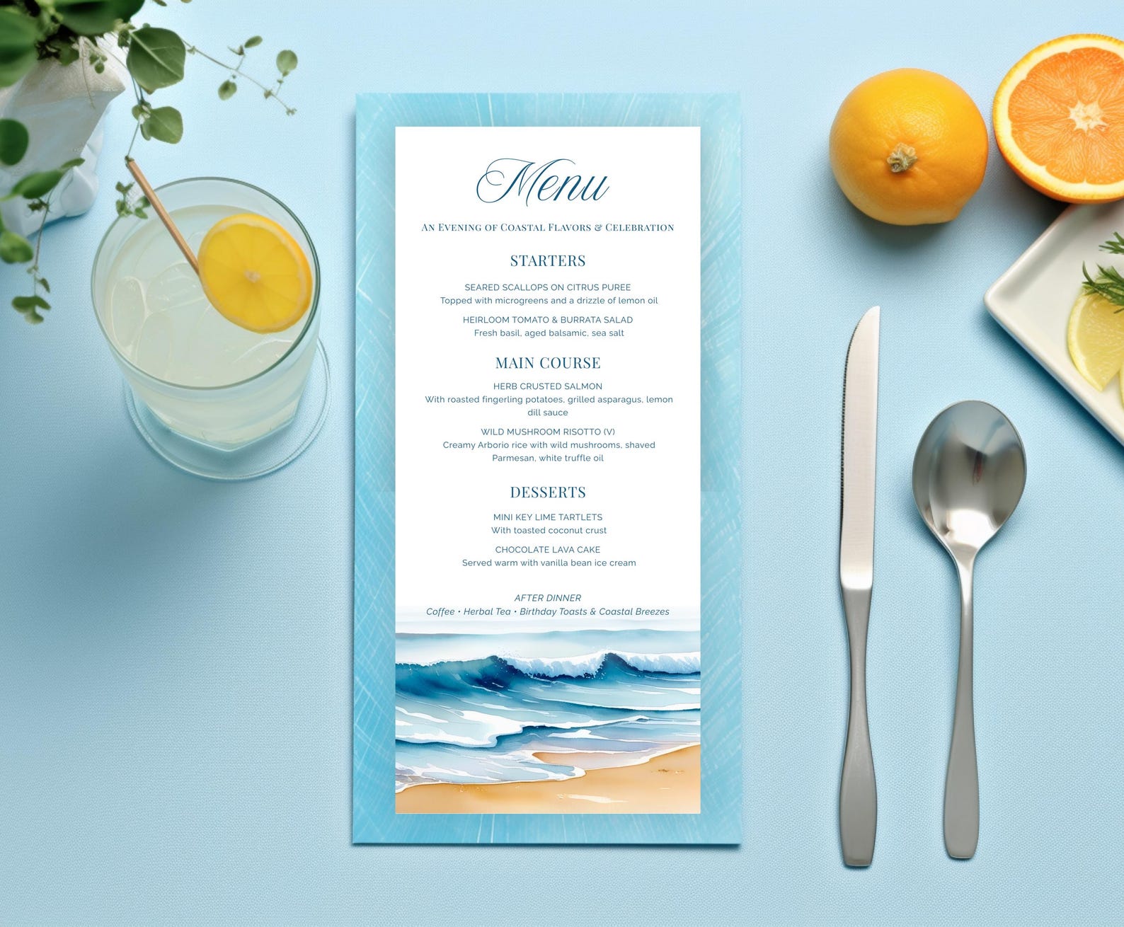 Coastal Wedding Menu Template: Beach Birthday Party Theme, Editable in ...