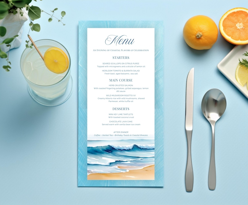 Coastal Wedding Menu Template: Beach Birthday Party Theme, Editable in ...