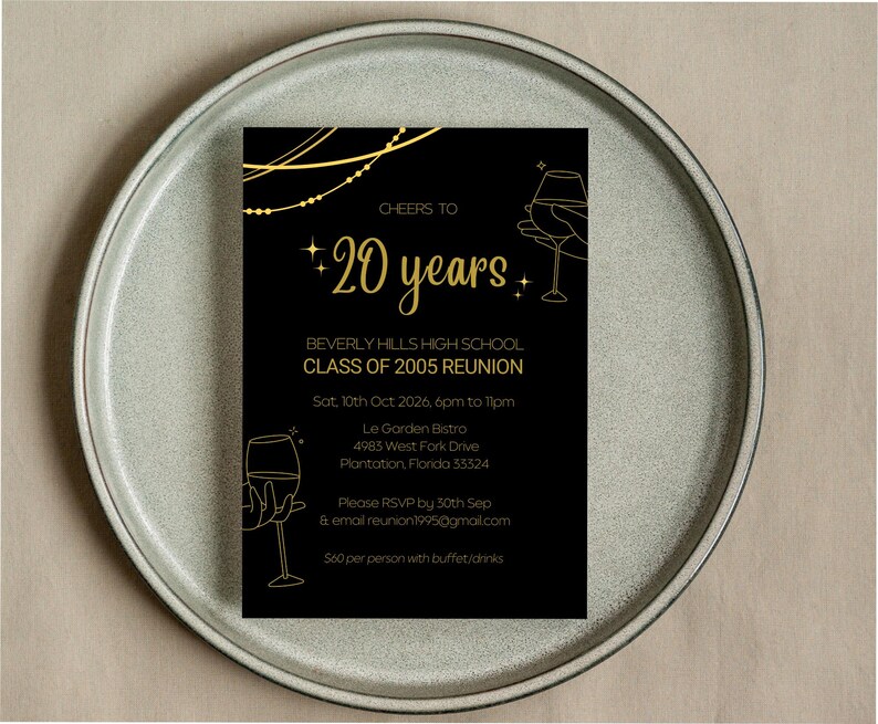 Elegant Class Reunion Gold Invitation Template, Any Year High School or ...