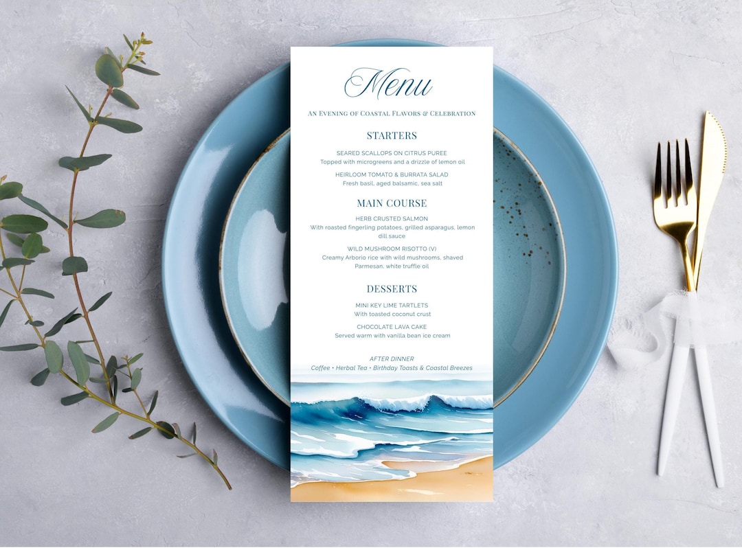 Coastal Wedding Menu Template: Beach Birthday Party Theme, Editable in ...