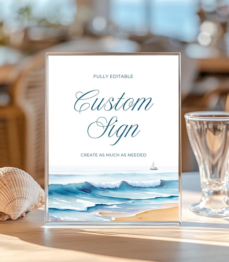 Editable Coastal Table Sign Template: Beach Wedding, Nautical Birthday ...