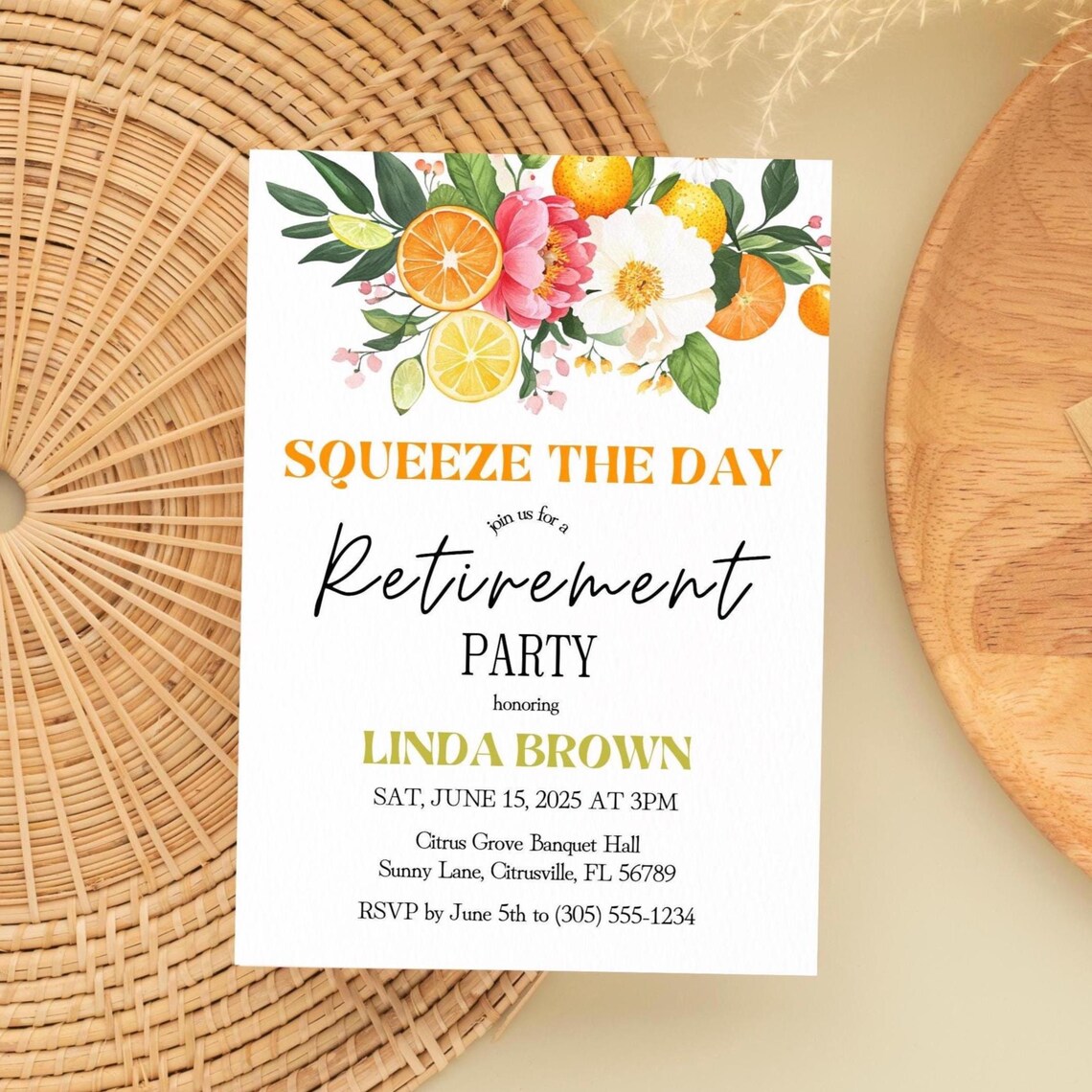 Floral and Citrus Retirement Invitation, Spring Retirement Party Editable Template, Citrus Theme ...