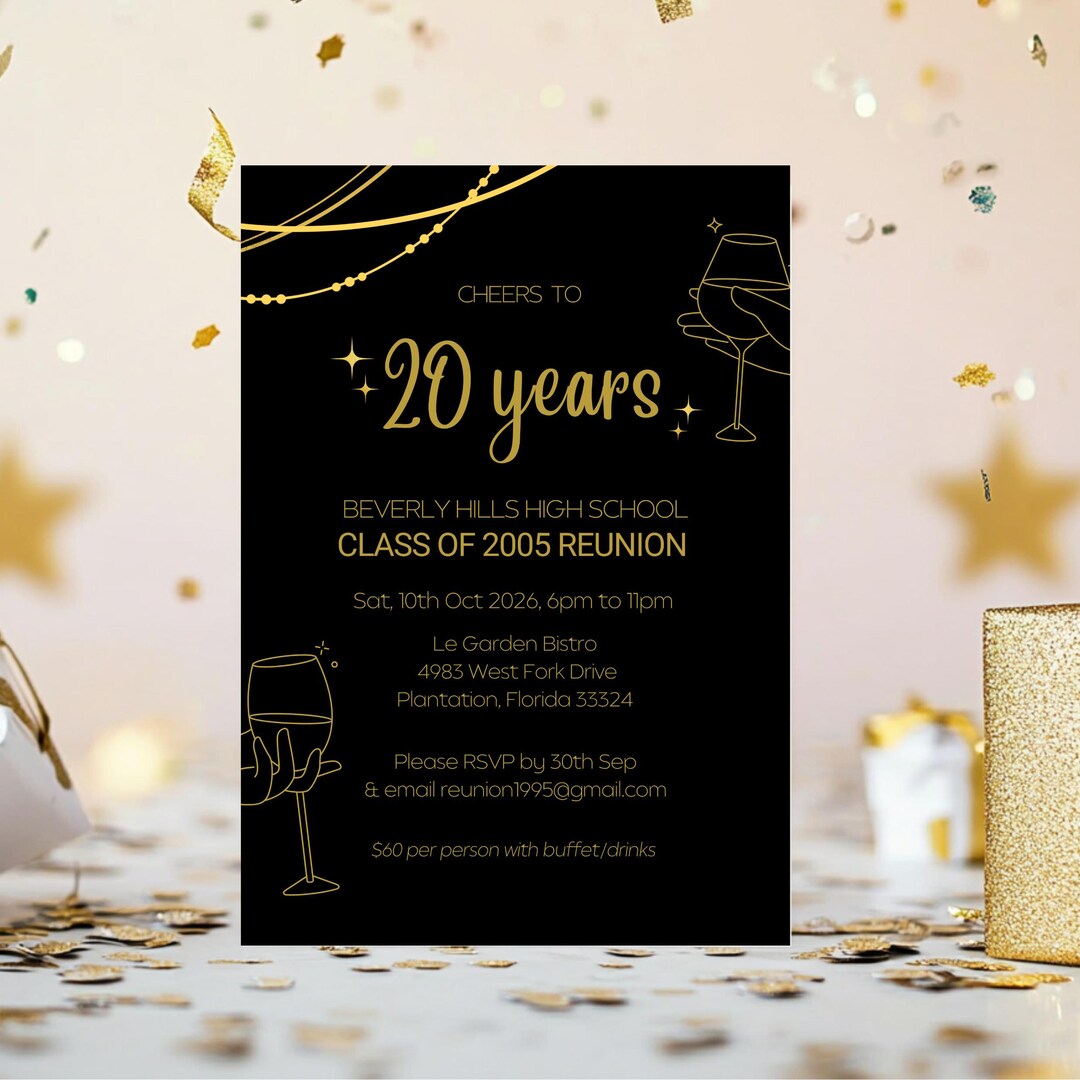 Elegant Class Reunion Gold Invitation Template, Any Year High School or ...