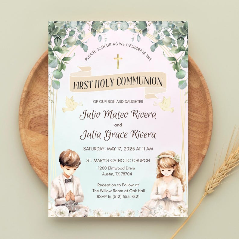 Twins First Communion Invitation Template: Greenery Watercolor (digital ...