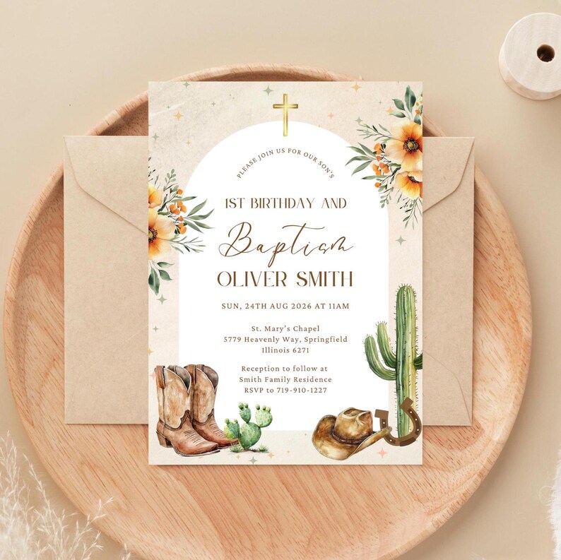 Cowboy Baptism Birthday Invitation, Editable Rodeo Theme (canva ...