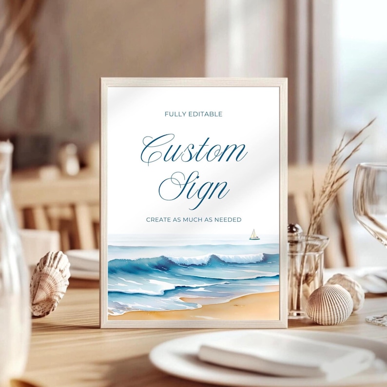 Editable Coastal Table Sign Template: Beach Wedding, Nautical Birthday ...
