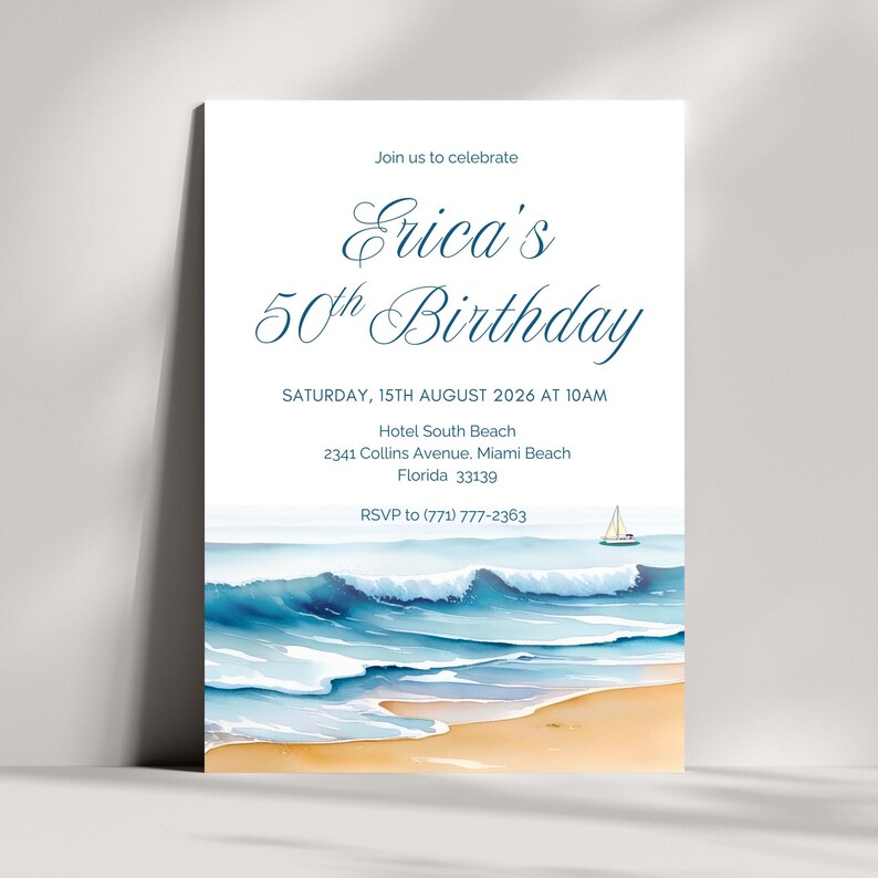 Ocean Beach Themed 50th Birthday Invite, Coastal Birthday Party ...