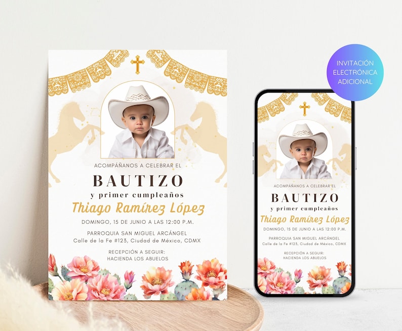 Spanish Charro Baptism and First Birthday Invitation, Invitación De ...