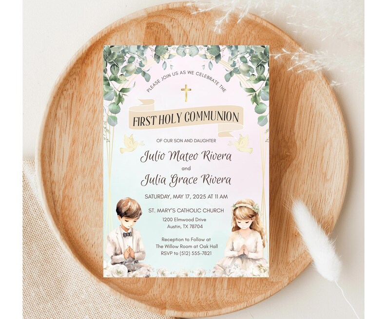 Twins First Communion Invitation Template: Greenery Watercolor (digital ...