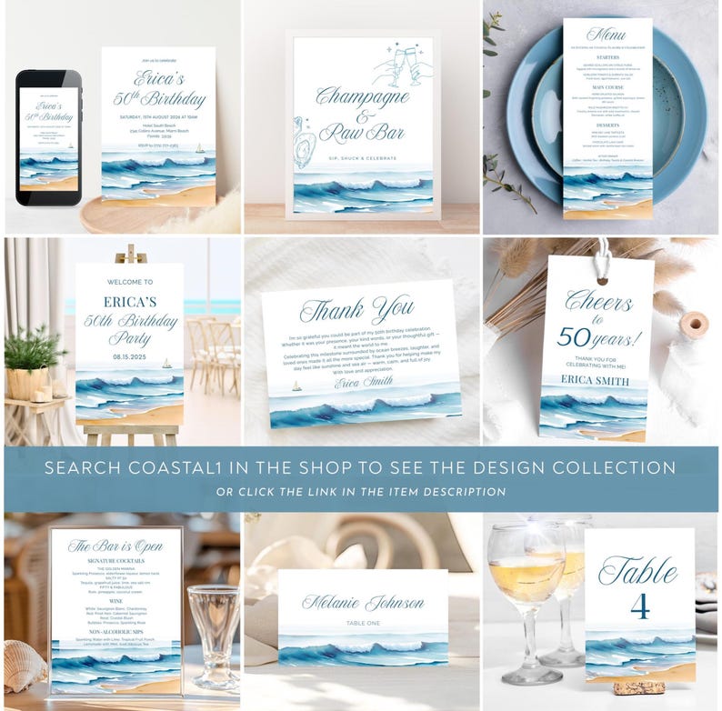 Editable Ocean Beach Themed Buffet Card Template, Coastal Birthday Food ...