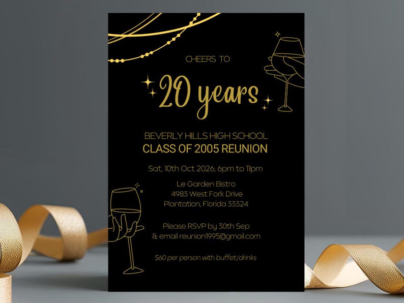 Elegant Gold Class Reunion Invitation Template (5x7 Print Size) - Etsy