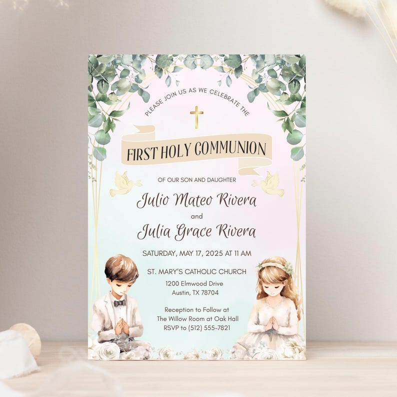 Twins First Communion Invitation Template: Greenery Watercolor (digital ...