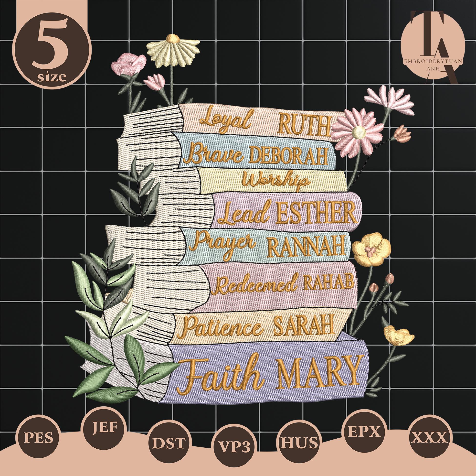 Women of the Bible Embroidery Design, Christian Faith Stack of Books ...
