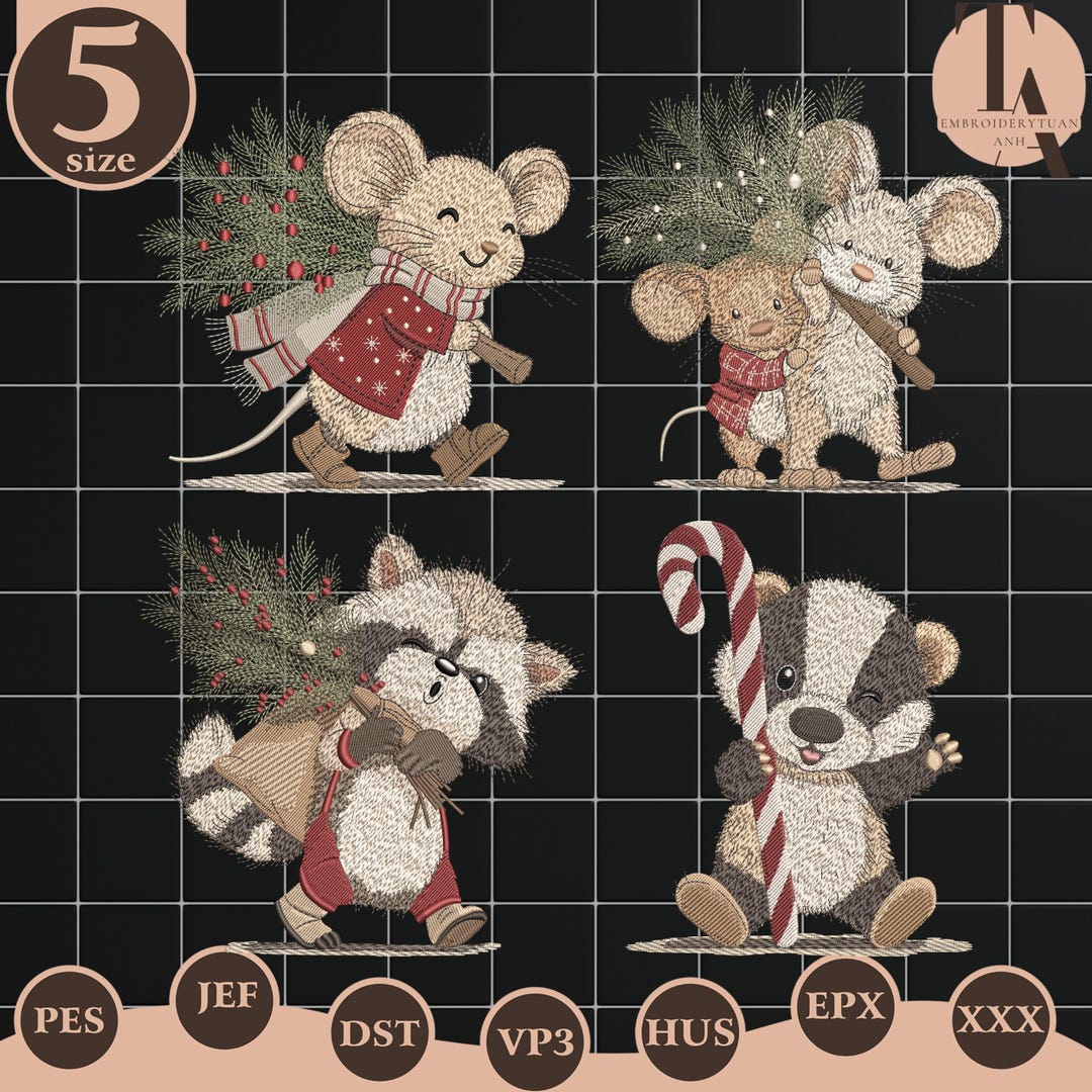 Christmas Mouse Racoon Embroidery Bundle, Cute Racoon Mouse Embroidery ...