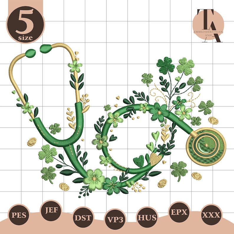 St. Patrick's Day Medical Stethoscope Embroidery Design, Lucky Shamrock ...