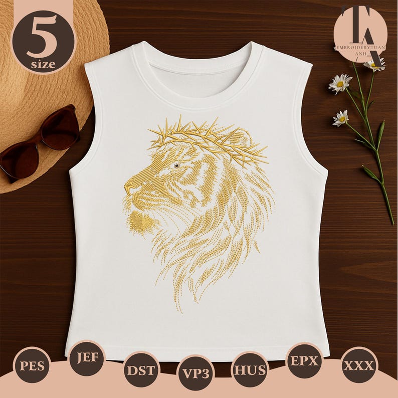 Lion of Judah Profile Embroidery Design, Crown of Thorns Golden Lion ...